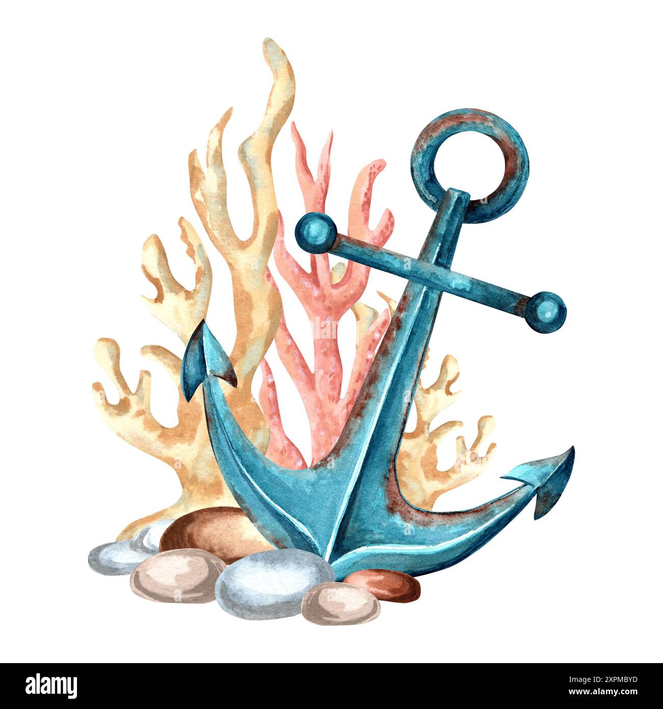Anchor blue color with coral on pebbles. Watercolor illustration, hand ...