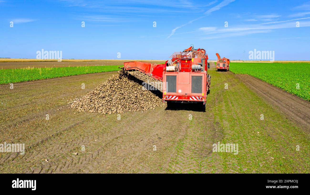 Above view on agricultural machines, harvesters, one is cutting and ...
