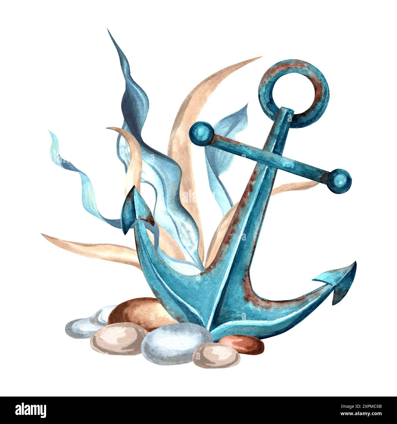 Anchor blue with seaweed on pebbles. Watercolor illustration, hand ...