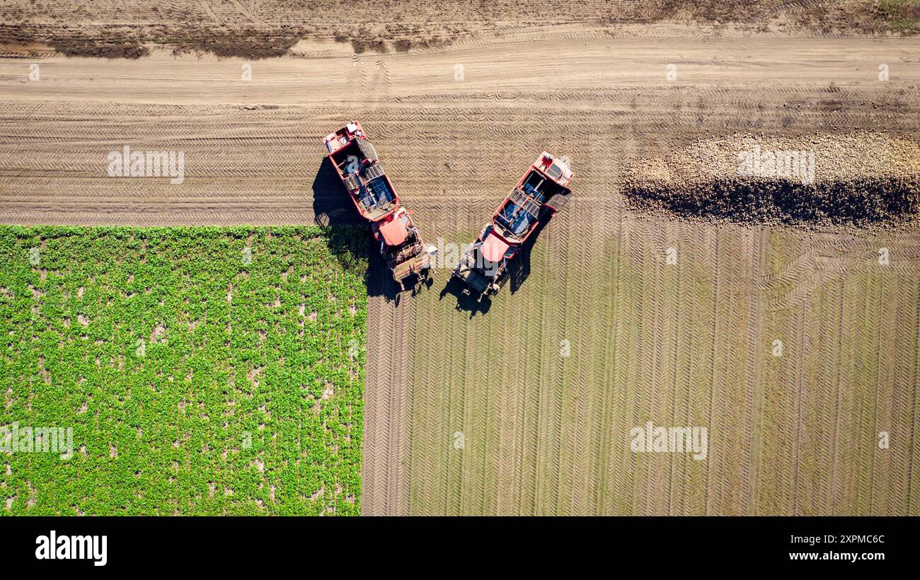 Above top view over two agricultural machines, harvesters as they ...
