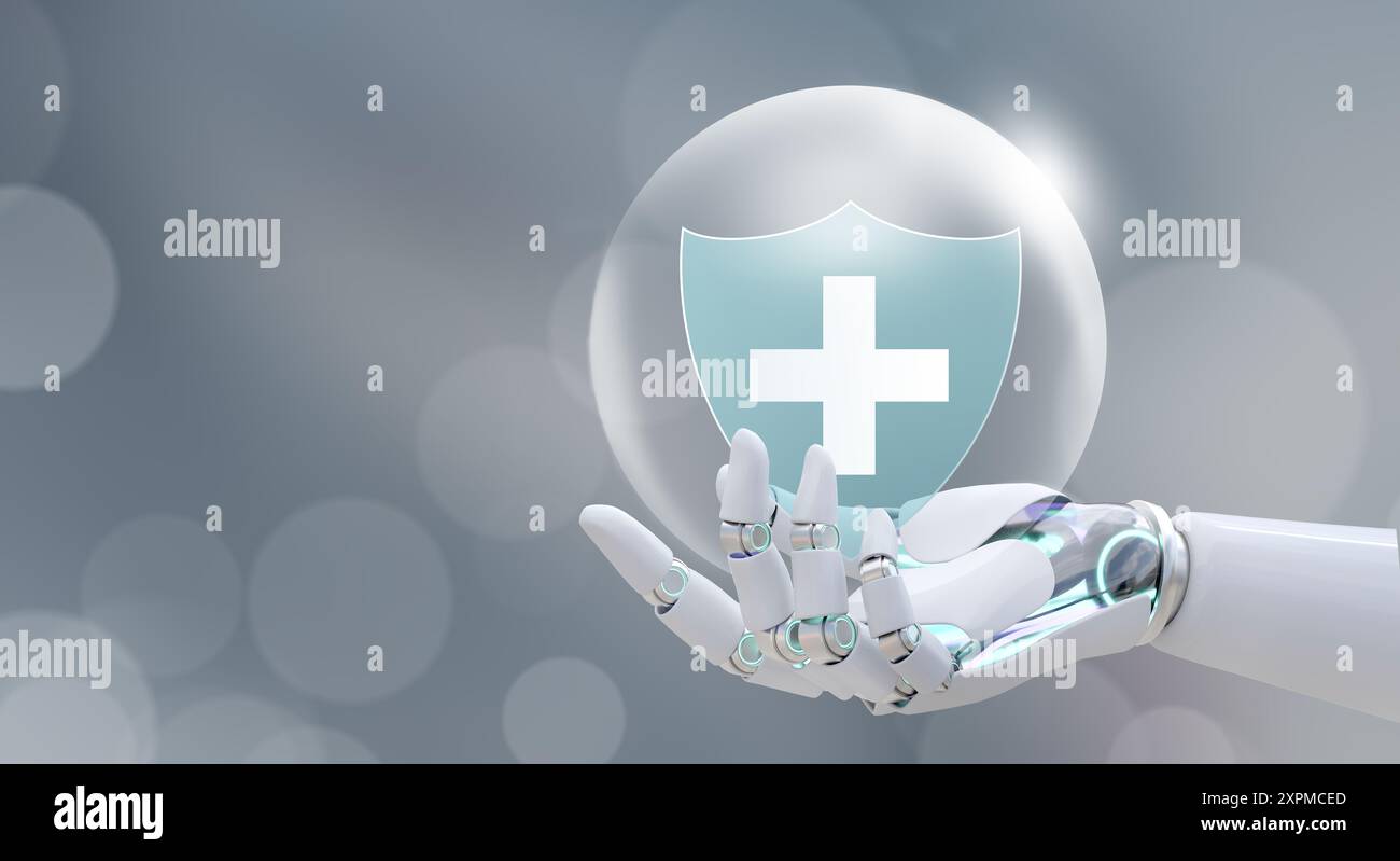 Futuristic AI robot Hand offer medical shield with bubble on white ...