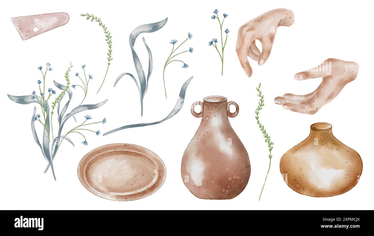Women hands and pottery jugs with floral elements in watercolor ...