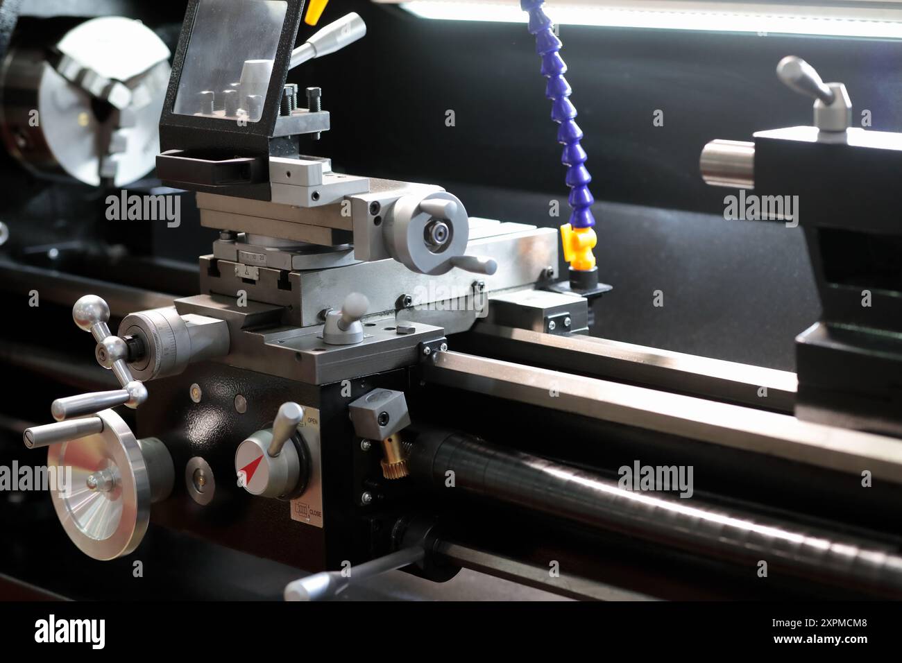 Conventional metalworking lathe controls close up. Selective focus ...