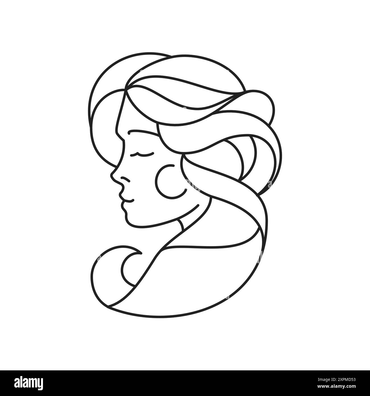 Y2k beautiful romantic woman with long hair portrait tattoo outline ...