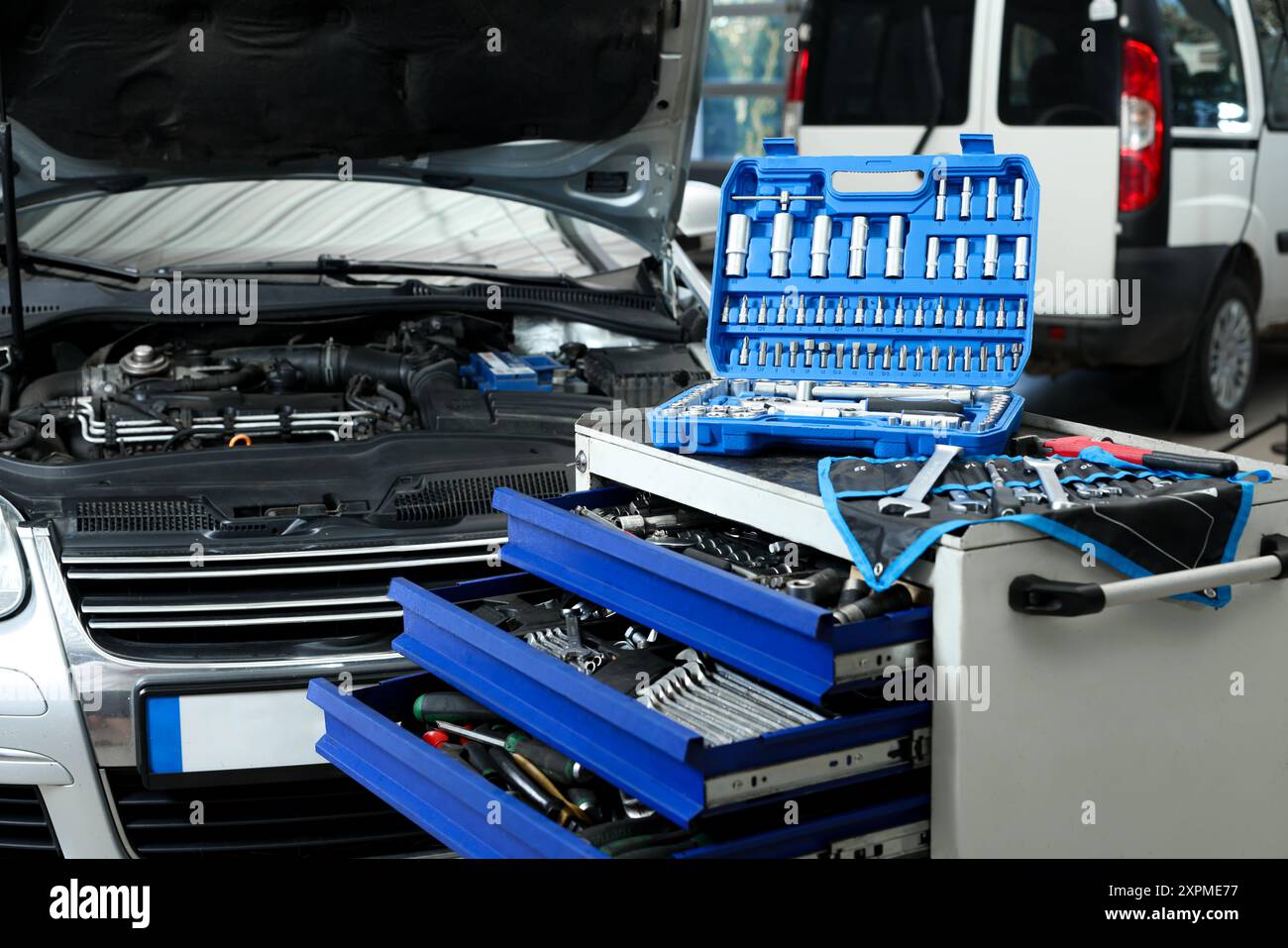 Set of different auto mechanic's tools indoors Stock Photo - Alamy