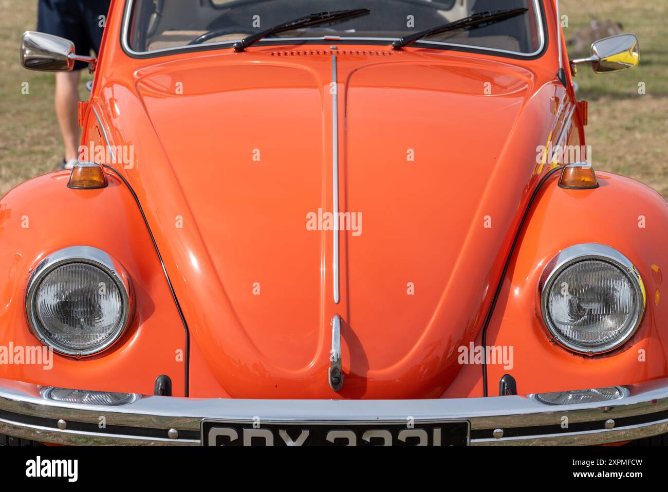 Front view of an iconic bright orange Volkswagen Beetle. August 2024 ...
