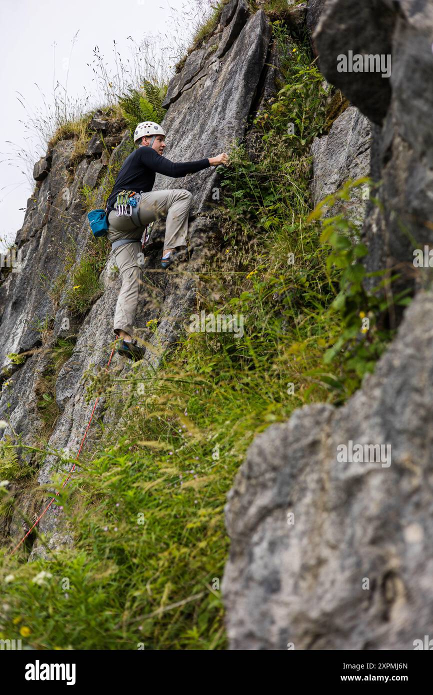 Male Rock Climber at Harpur Hill Quarry, Buxton, Peak District, England ...