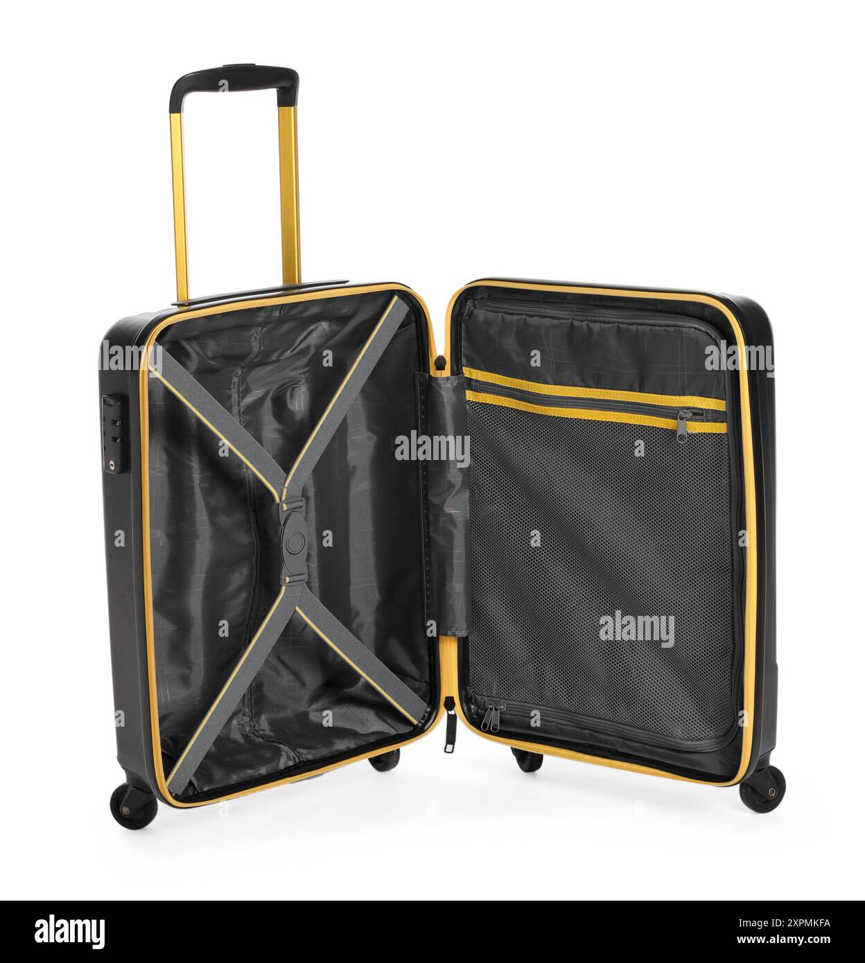 Open empty suitcase for travelling isolated on white Stock Photo - Alamy