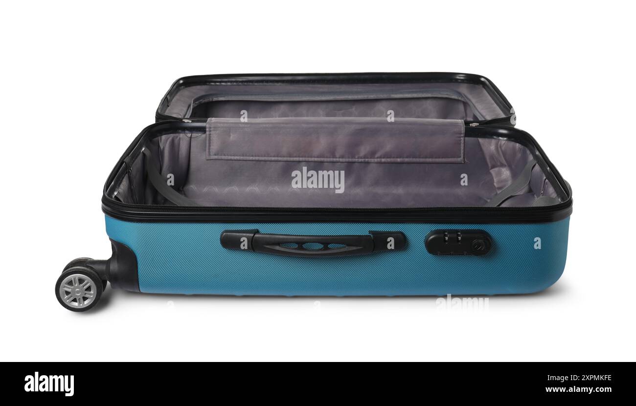 Open empty suitcase for travelling isolated on white Stock Photo - Alamy
