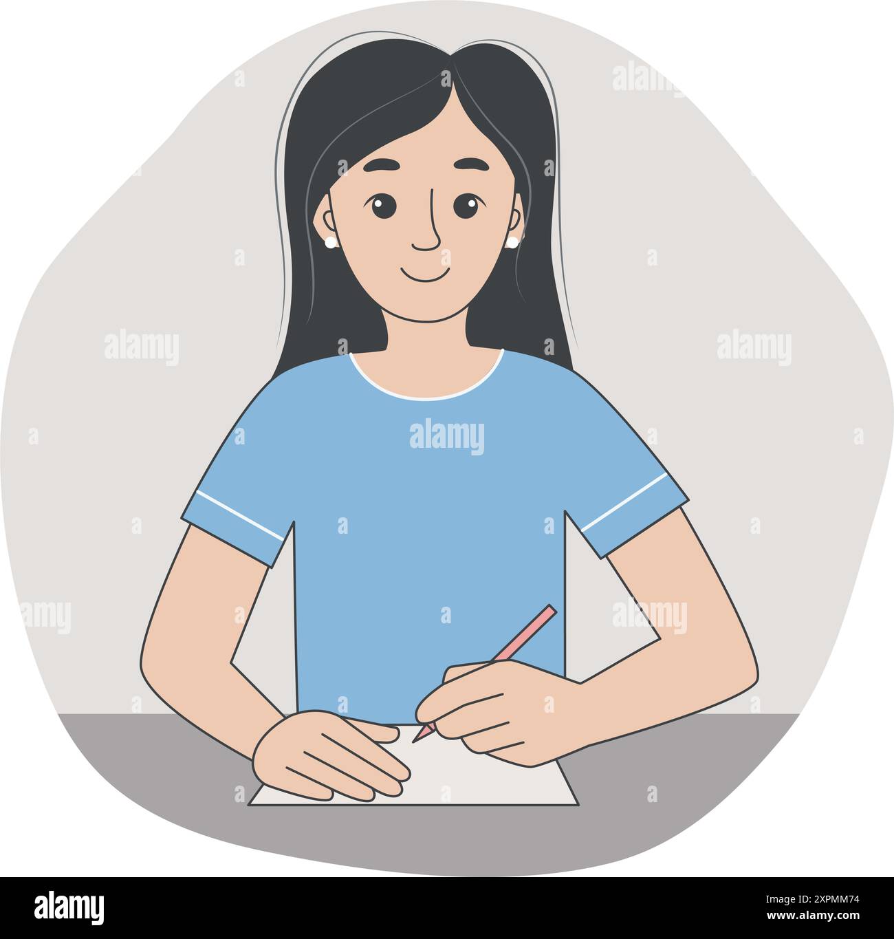 Girl sitting at the table and writing with pen on sheet of paper. Girl ...