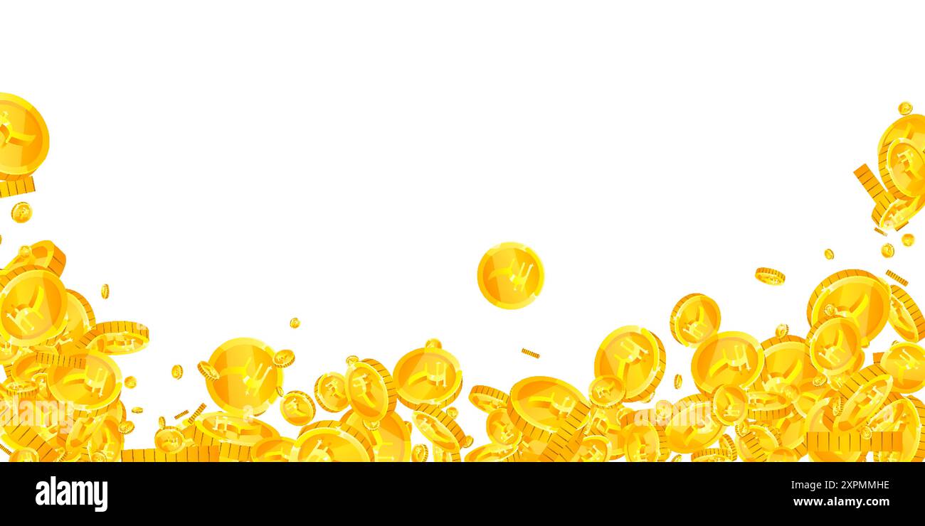 Indian rupee coins falling. Scattered gold INR coins. India money ...