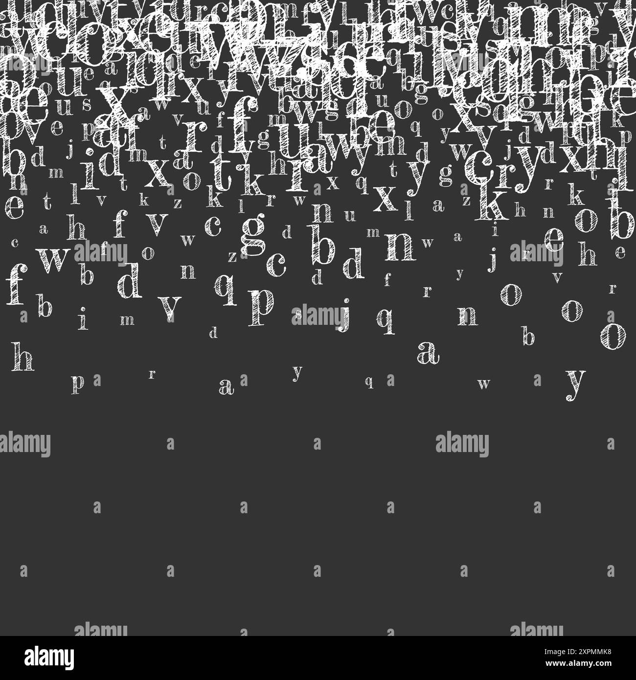 Scattered letters of latin alphabet. White chalk floating characters of ...