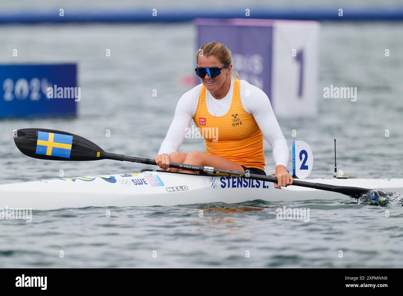 Linnea Stensils, of Sweden, reacts in the finish area of the women's ...