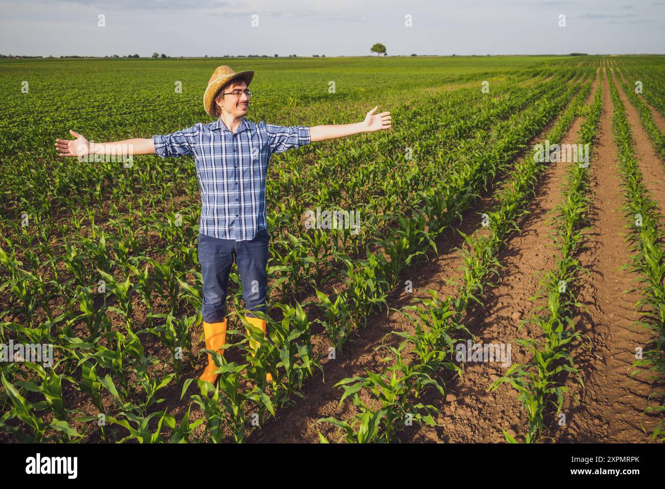 Image of happy farmer who is cultivating corn Stock Photo - Alamy