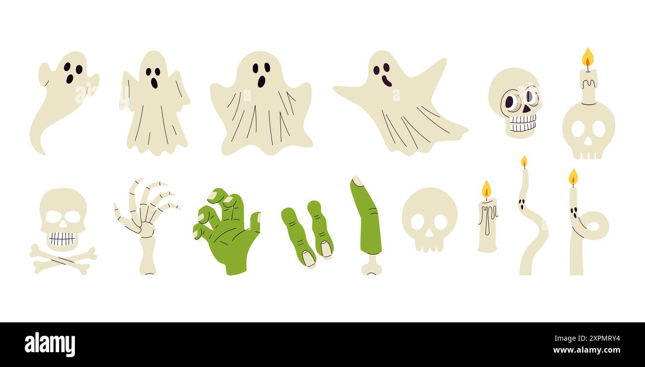 A collection of Halloween decorative elements including ghosts ...