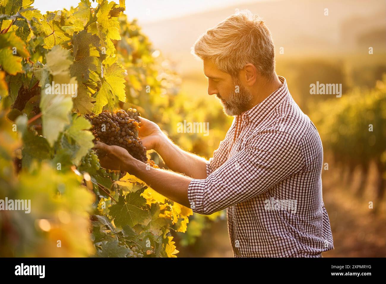 grape harvester with beard picking black grapes Stock Photo - Alamy