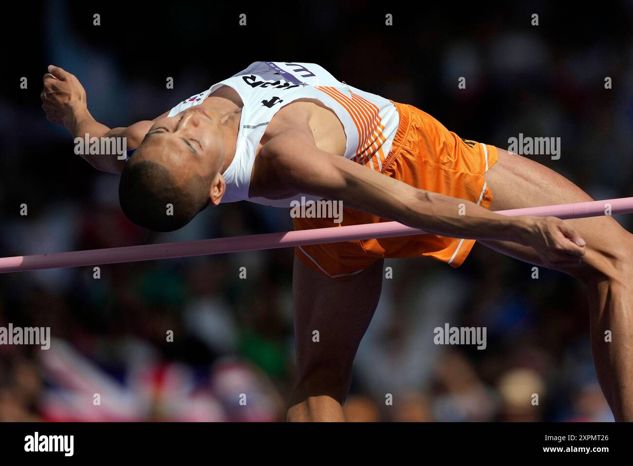 Woo Sang-hyeok, of South Korea, competes during the men's high jump ...