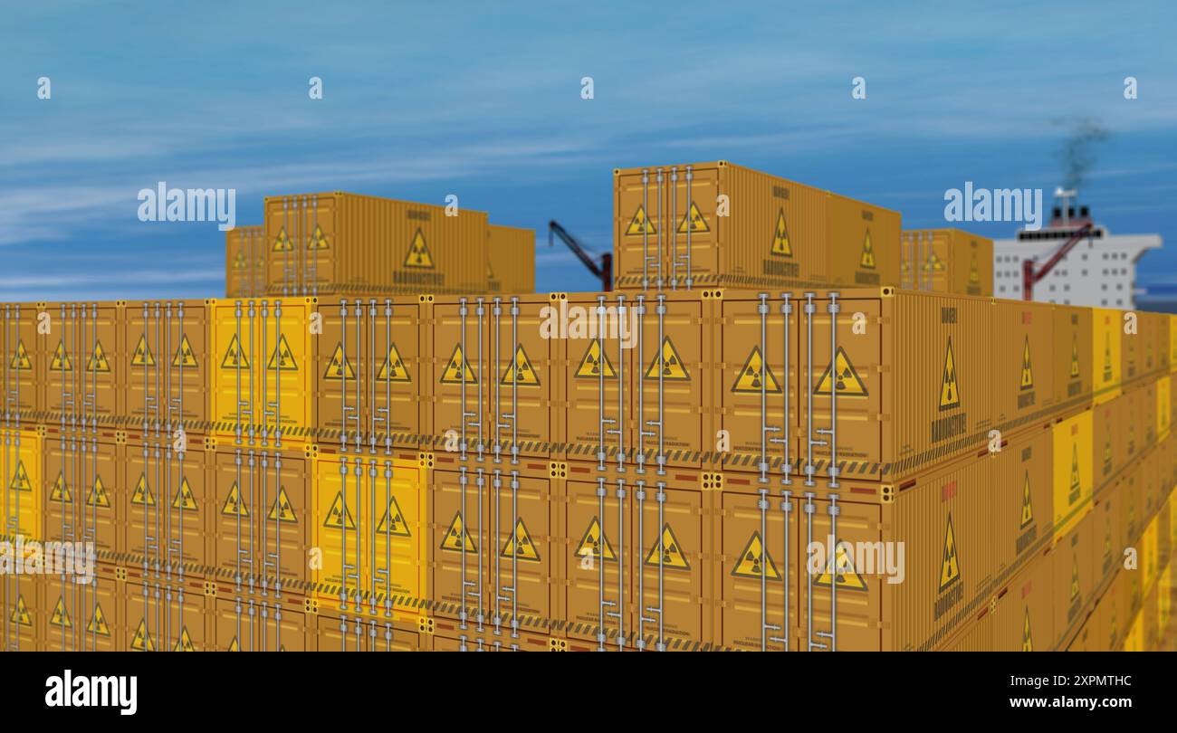 Radioactive waste and nuclear containers on a cargo ship. Business ...