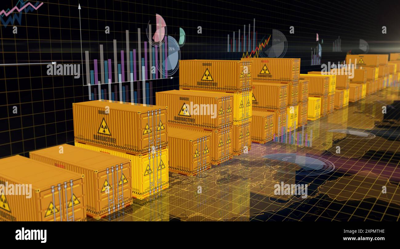 Radioactive waste and nuclear cargo containers on charts and diagrams ...