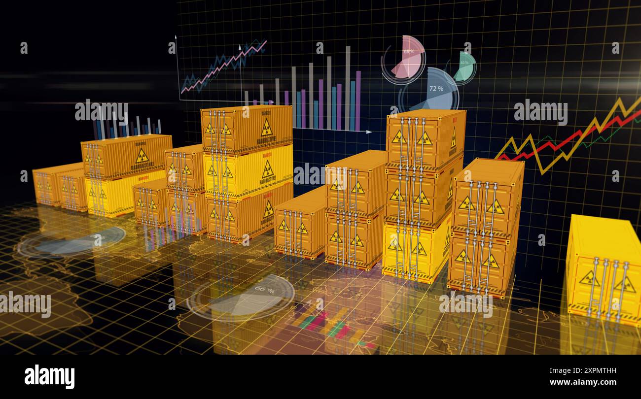 Radioactive waste and nuclear cargo containers on charts and diagrams ...