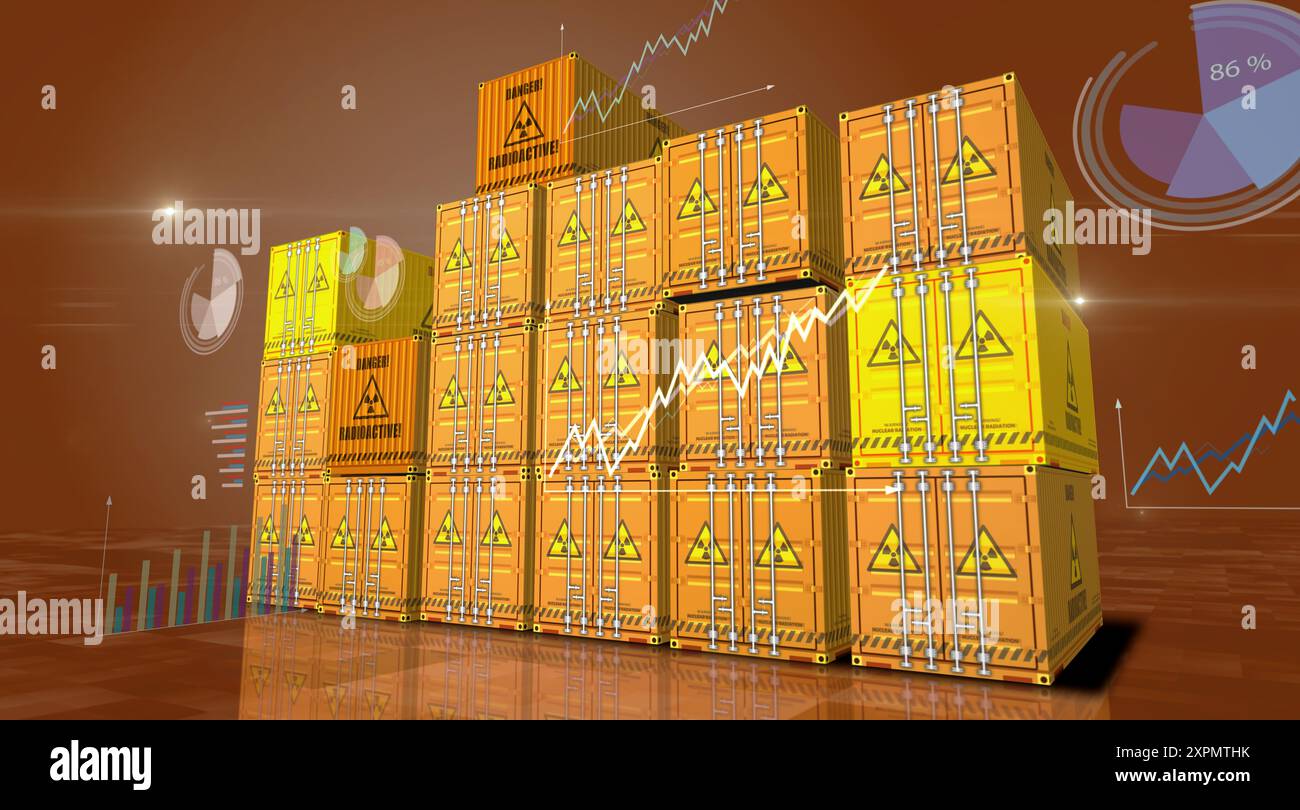 Radioactive waste and nuclear cargo containers on charts and diagrams ...