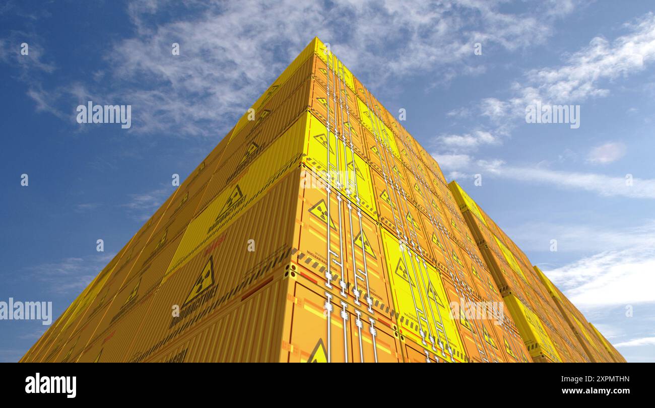 Radioactive waste and nuclear cargo containers in row business concept ...
