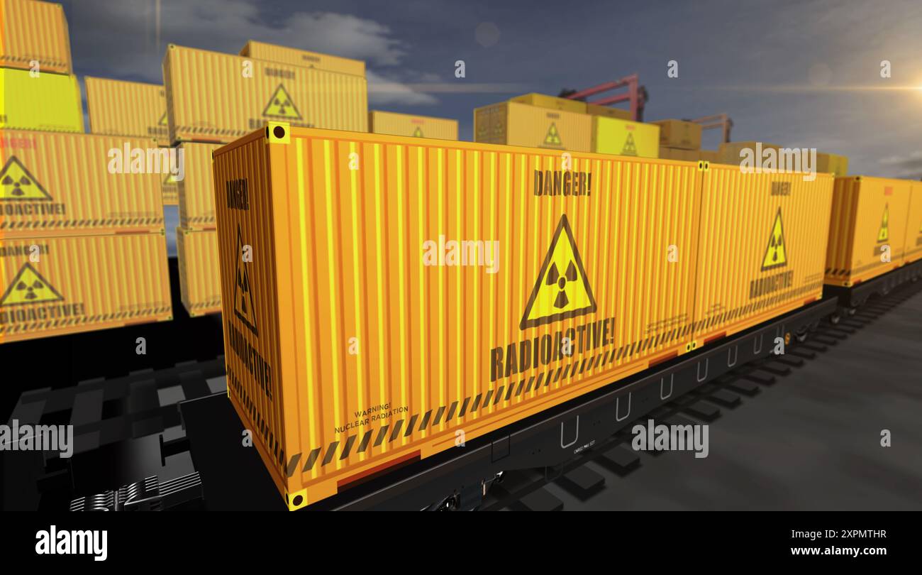 Radioactive waste and nuclear containers on a freight wagons. Business ...