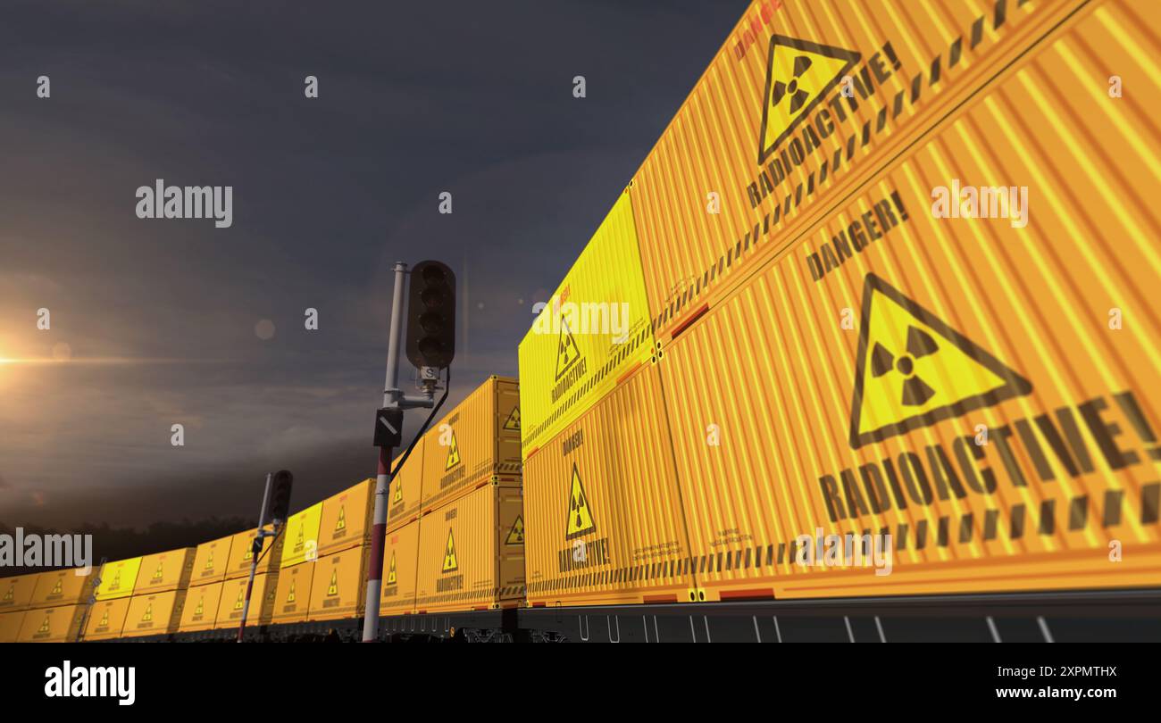 Radioactive waste and nuclear containers on a freight wagons. Business ...