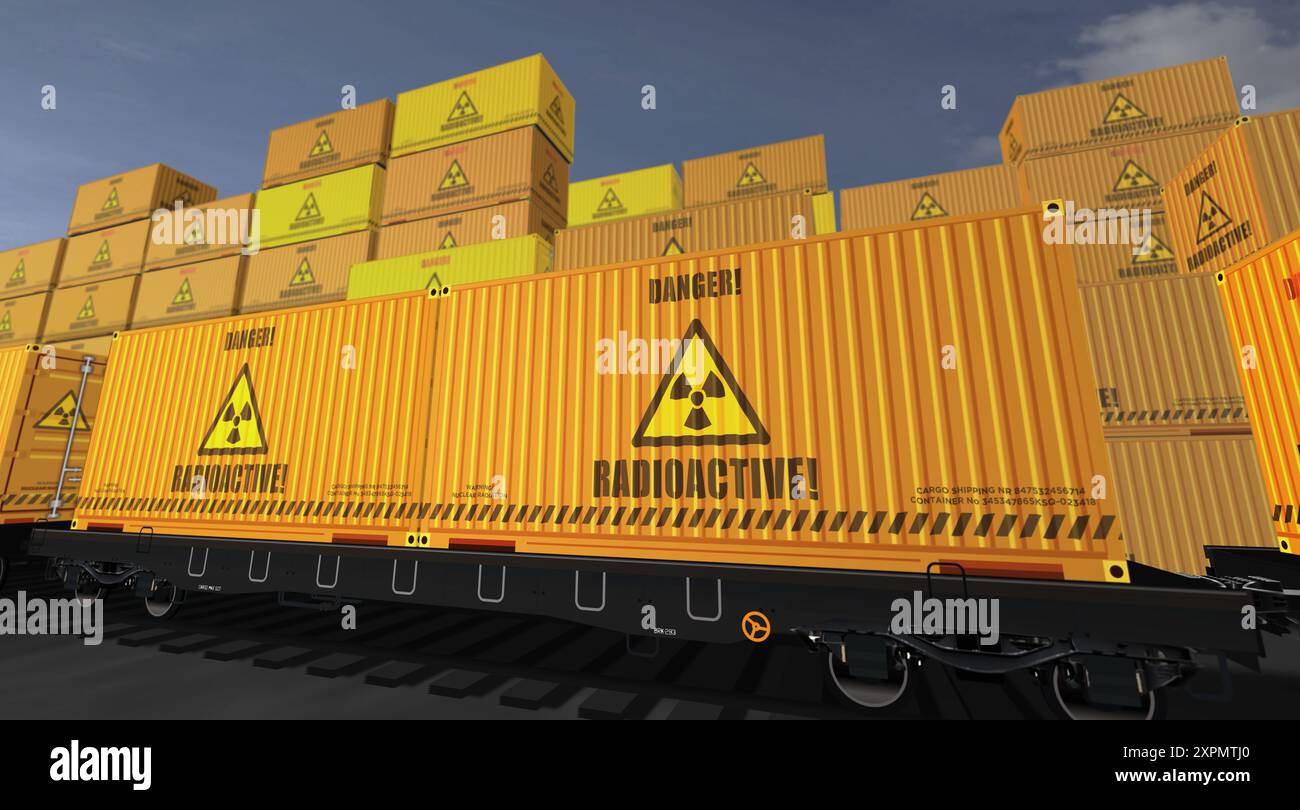 Radioactive waste and nuclear containers on a freight wagons. Business ...