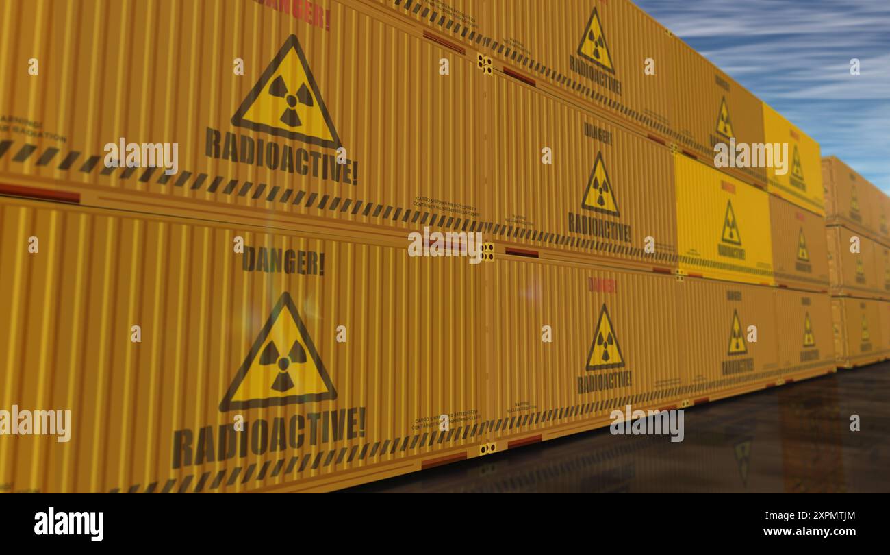 Radioactive waste and nuclear cargo containers in row business concept ...