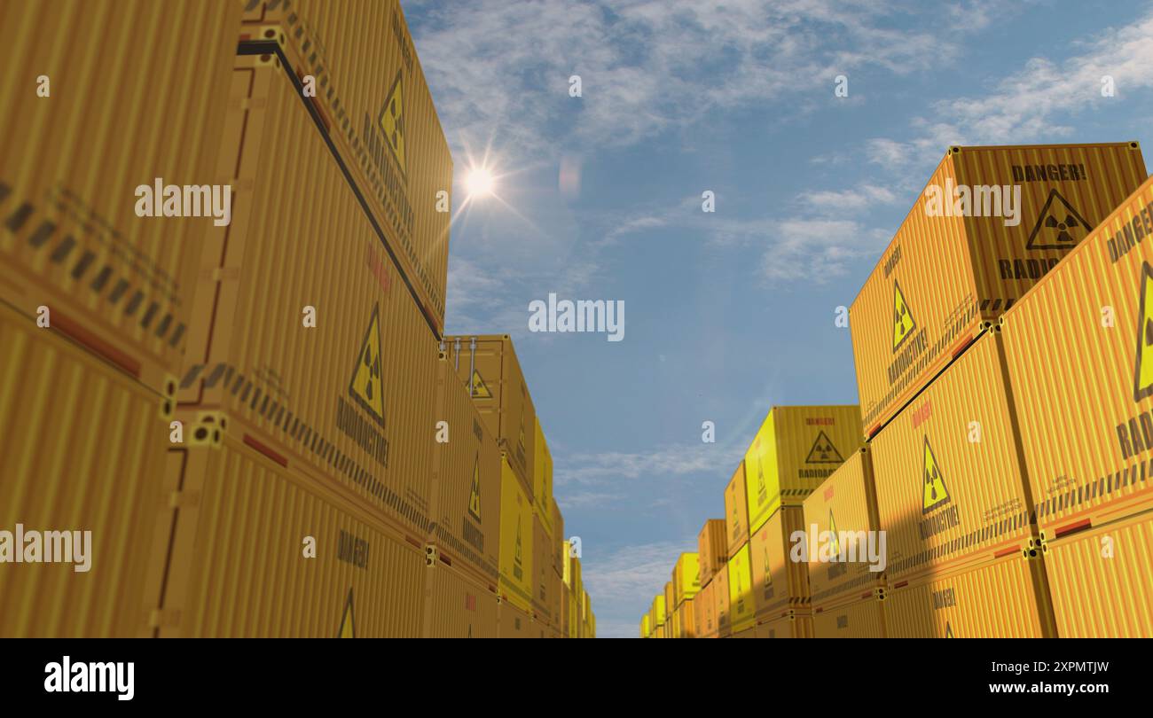 Radioactive waste and nuclear cargo containers in row business concept ...