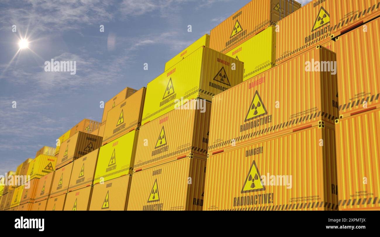Radioactive waste and nuclear cargo containers in row business concept ...