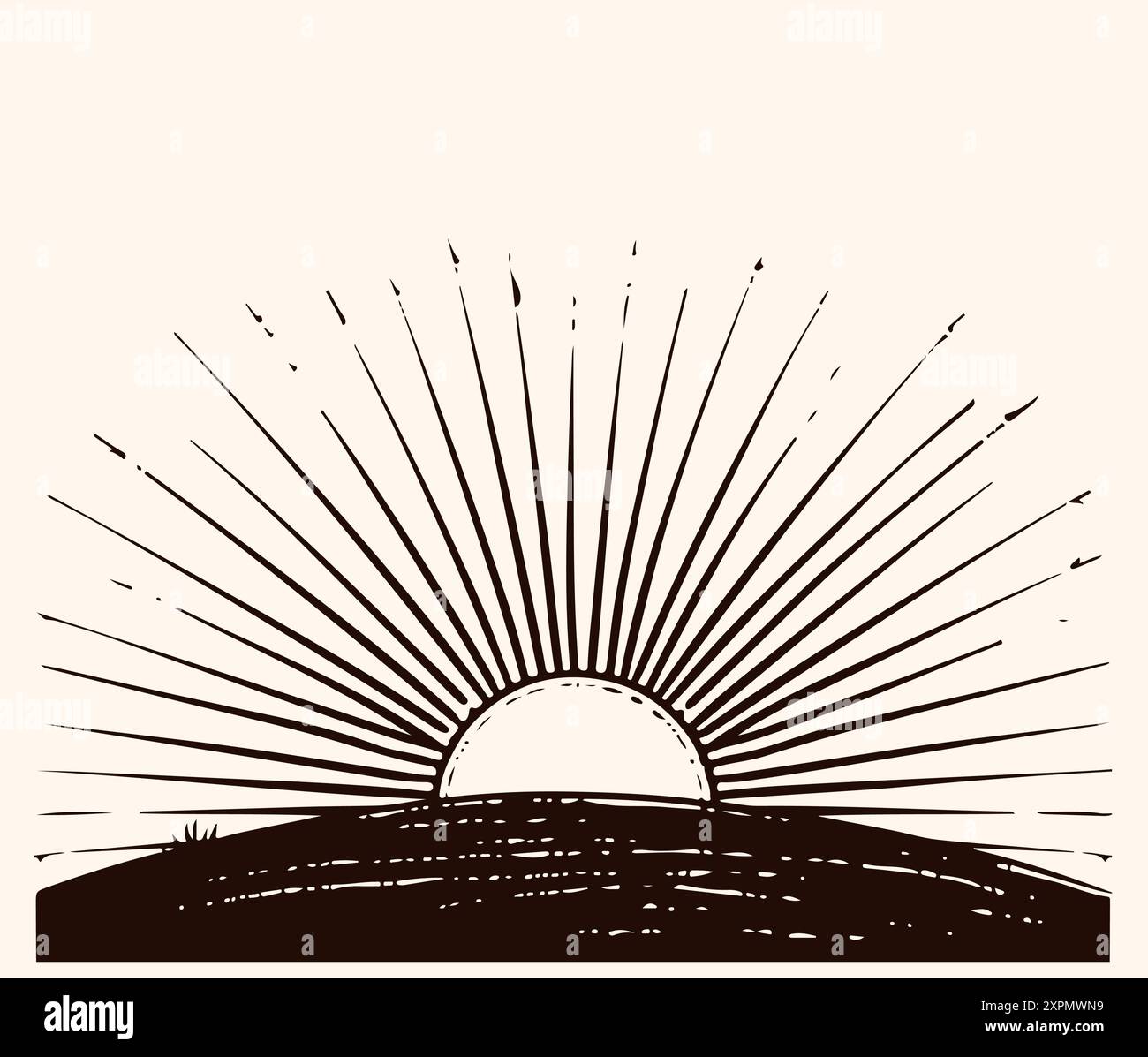 Sunrise or sunset icon. Hand drawn sketch. Sun reflected in water ...