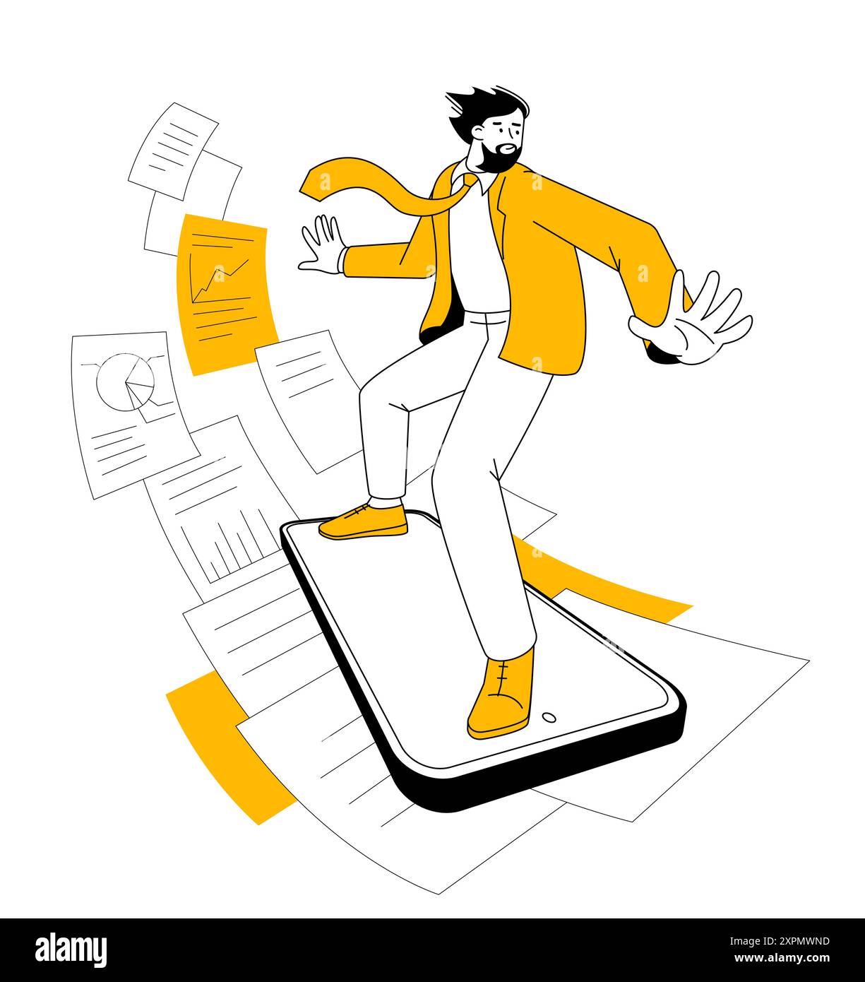 Young man rides digital content wave atop a smartphone. Cartoon ...