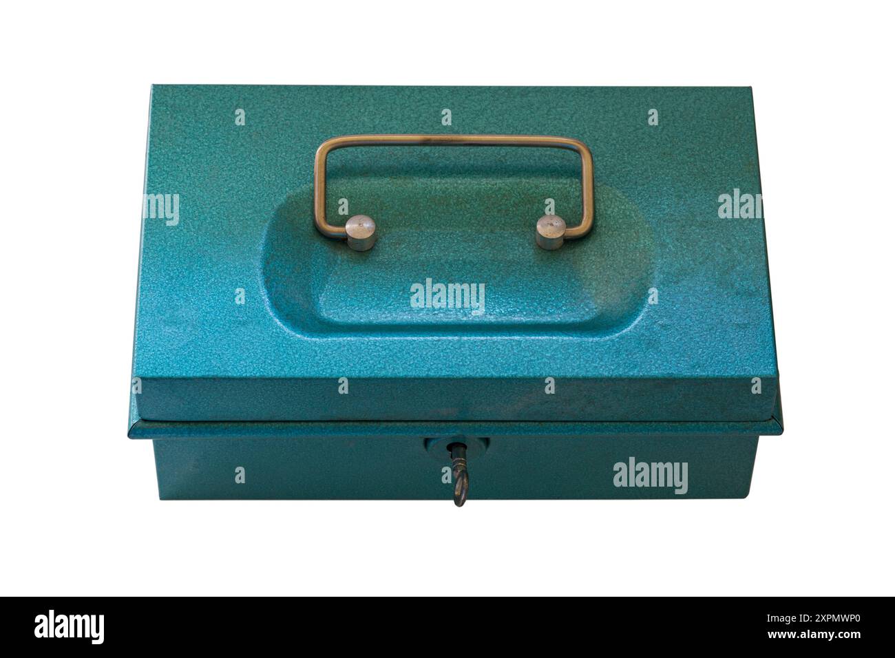 closed shut metal lockable cash box, money tin isolated on white ...