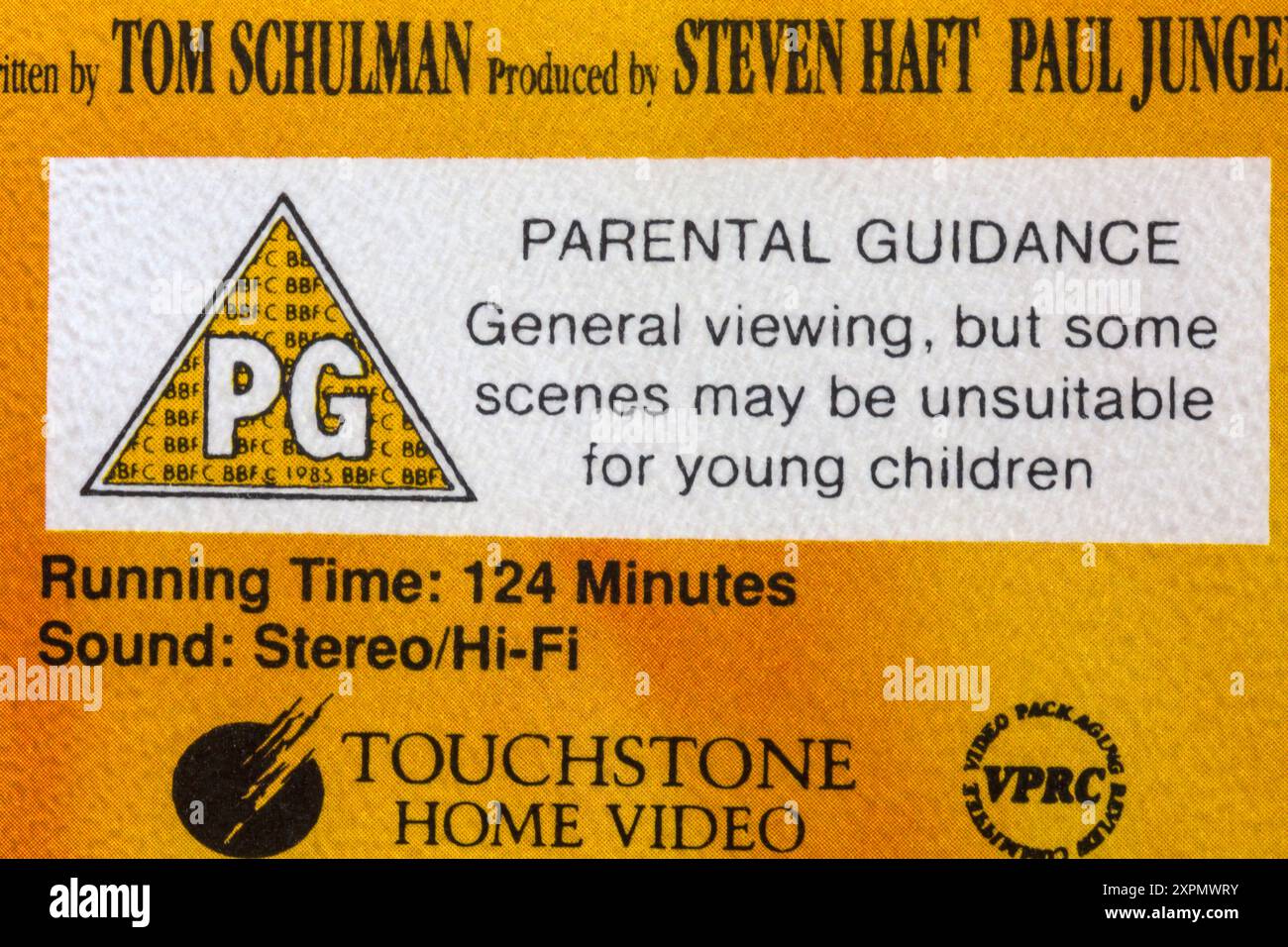 PG parental guidance rating classification on VHS video cassette tape ...