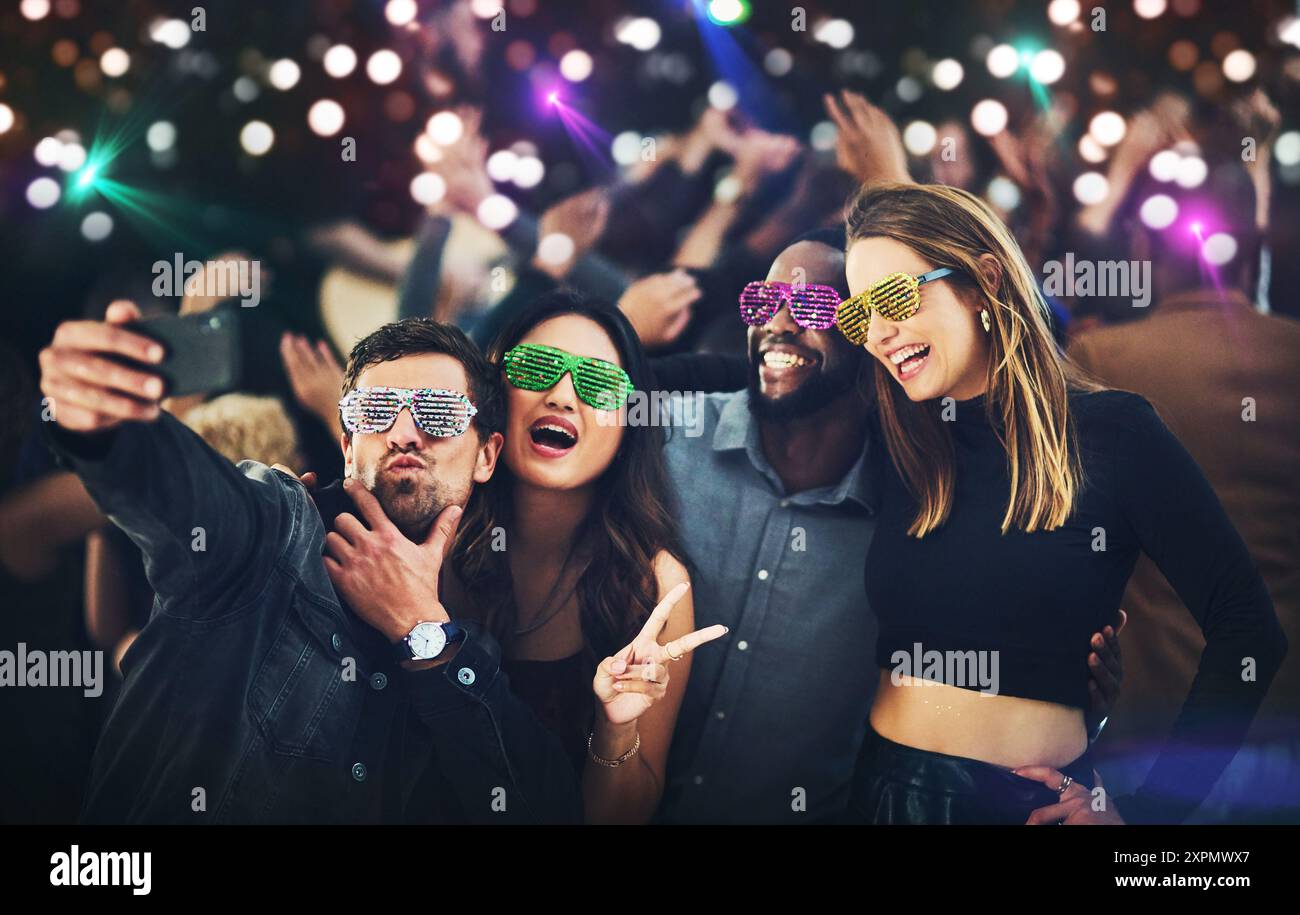 Bokeh, friends and party with sunglasses for selfie on New year ...