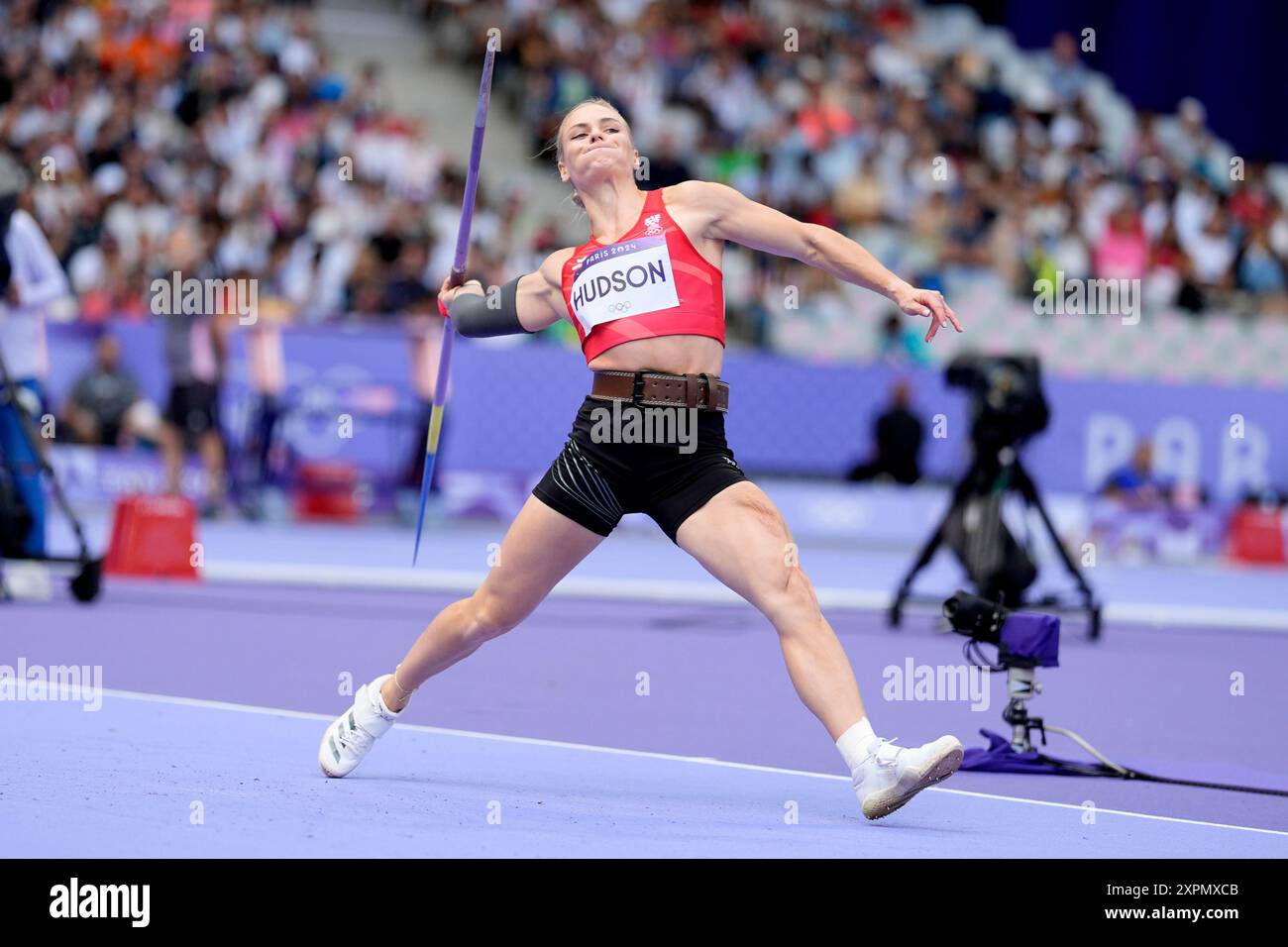 Victoria Hudson, of Austria, competes during the women's javelin throw ...