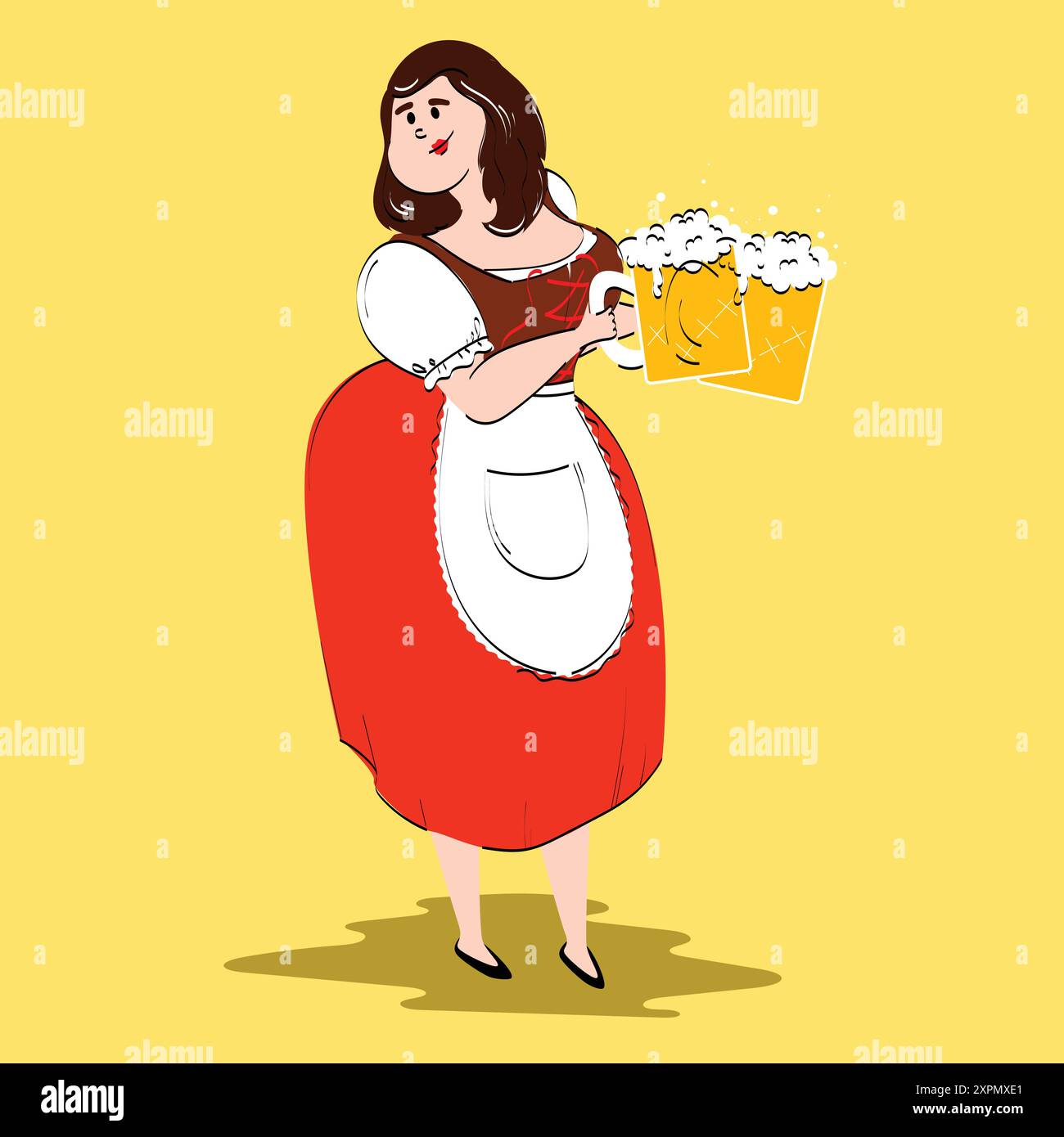 Cartoon style woman in traditional Bavarian attire, waitress holding ...