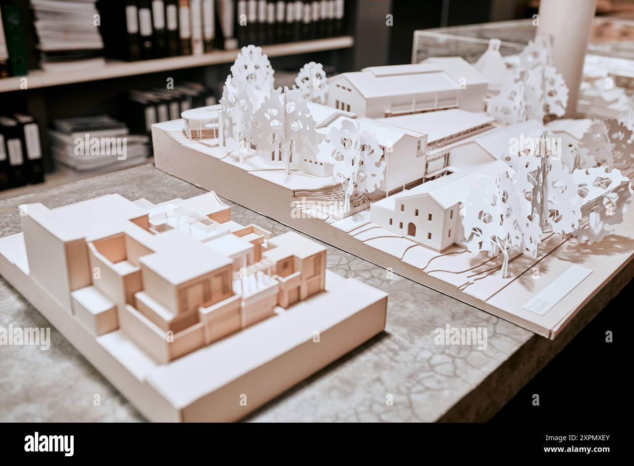 Office, room and architecture with model in 3d for building design ...