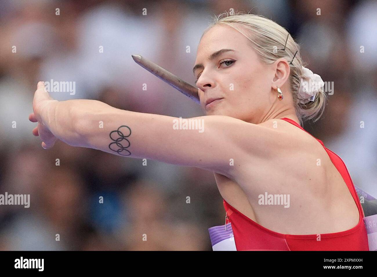 Victoria Hudson, of Austria, competes during the women's javelin throw ...
