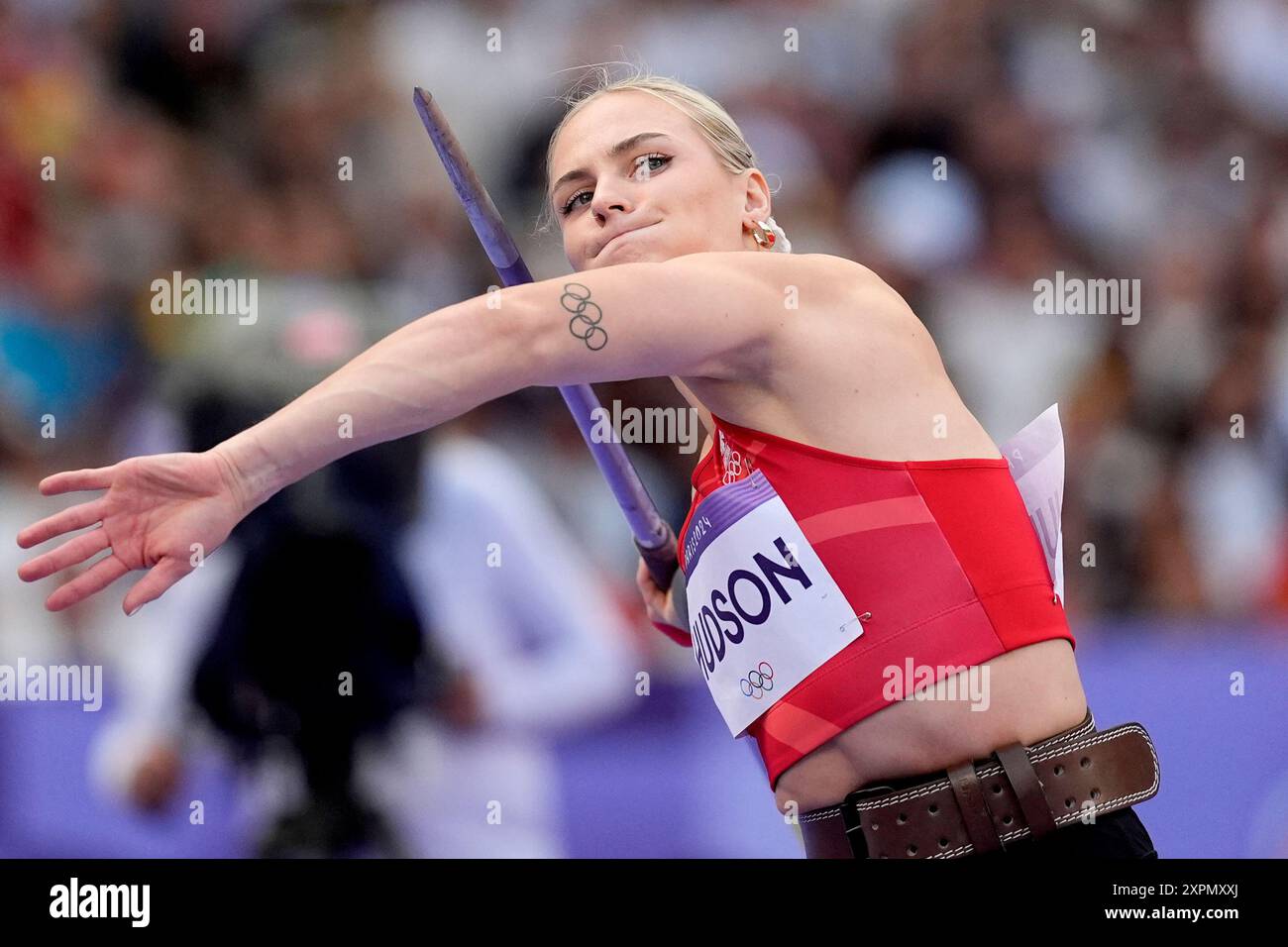 Victoria Hudson, of Austria, competes during the women's javelin throw ...