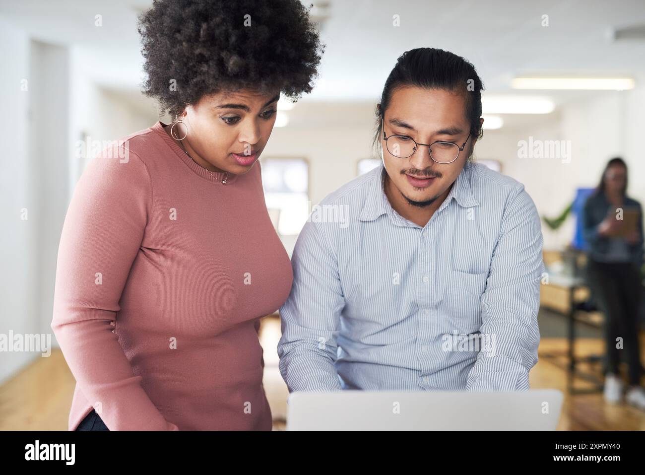 Business, people and laptop with meeting in office with slideshow ...