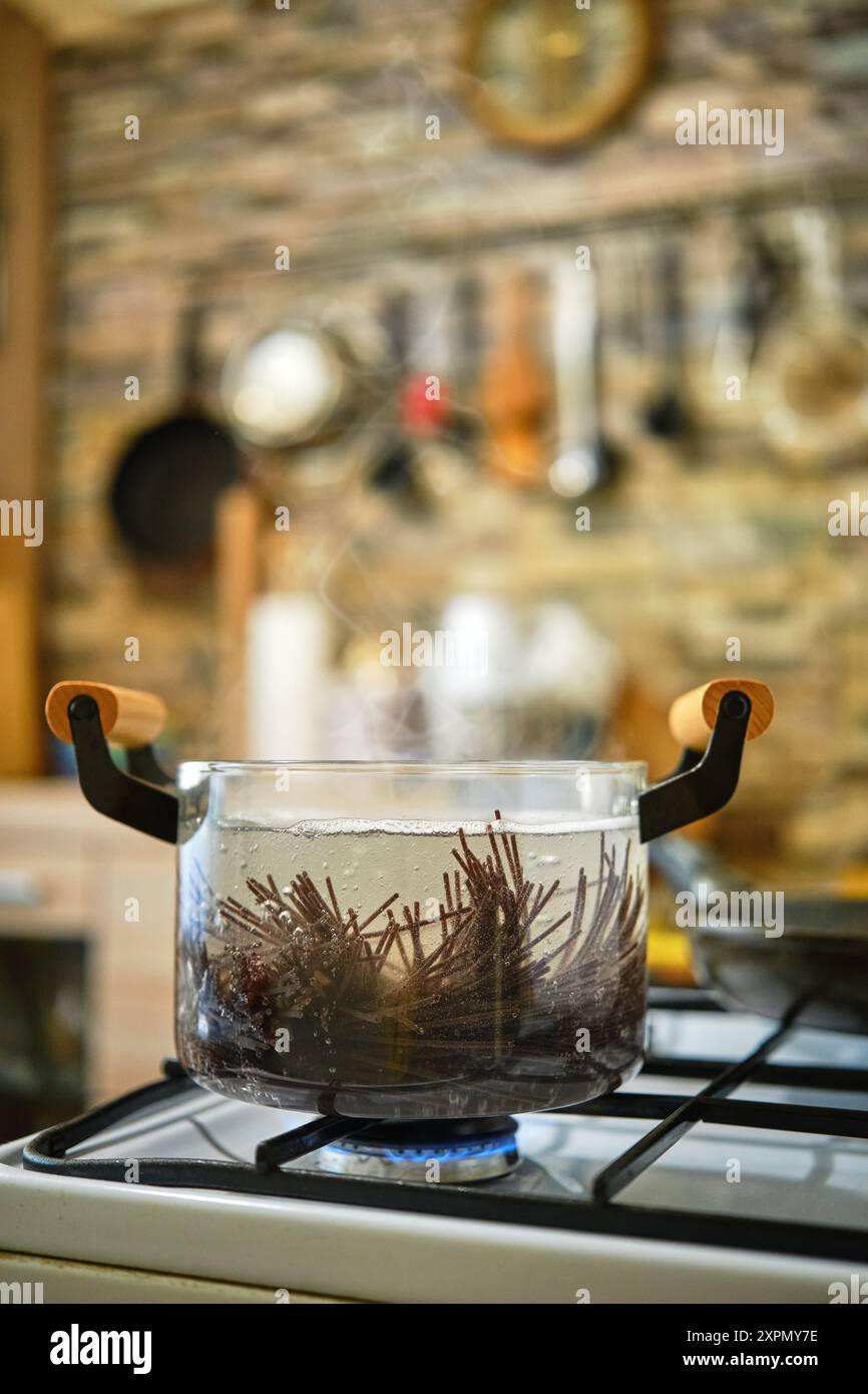 Black rice noodles boiling in transparent glass saucepan on a gas stove ...