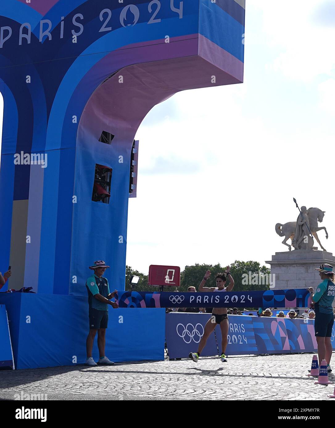 Paris, France. 7th Aug, 2024. Maria Perez (C) of Spain crosses the ...
