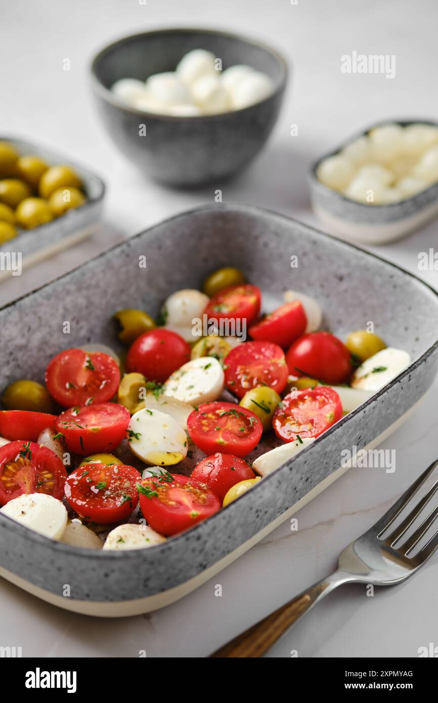 Close-up view of caprese salad seasoned with olive oil and balsamic ...