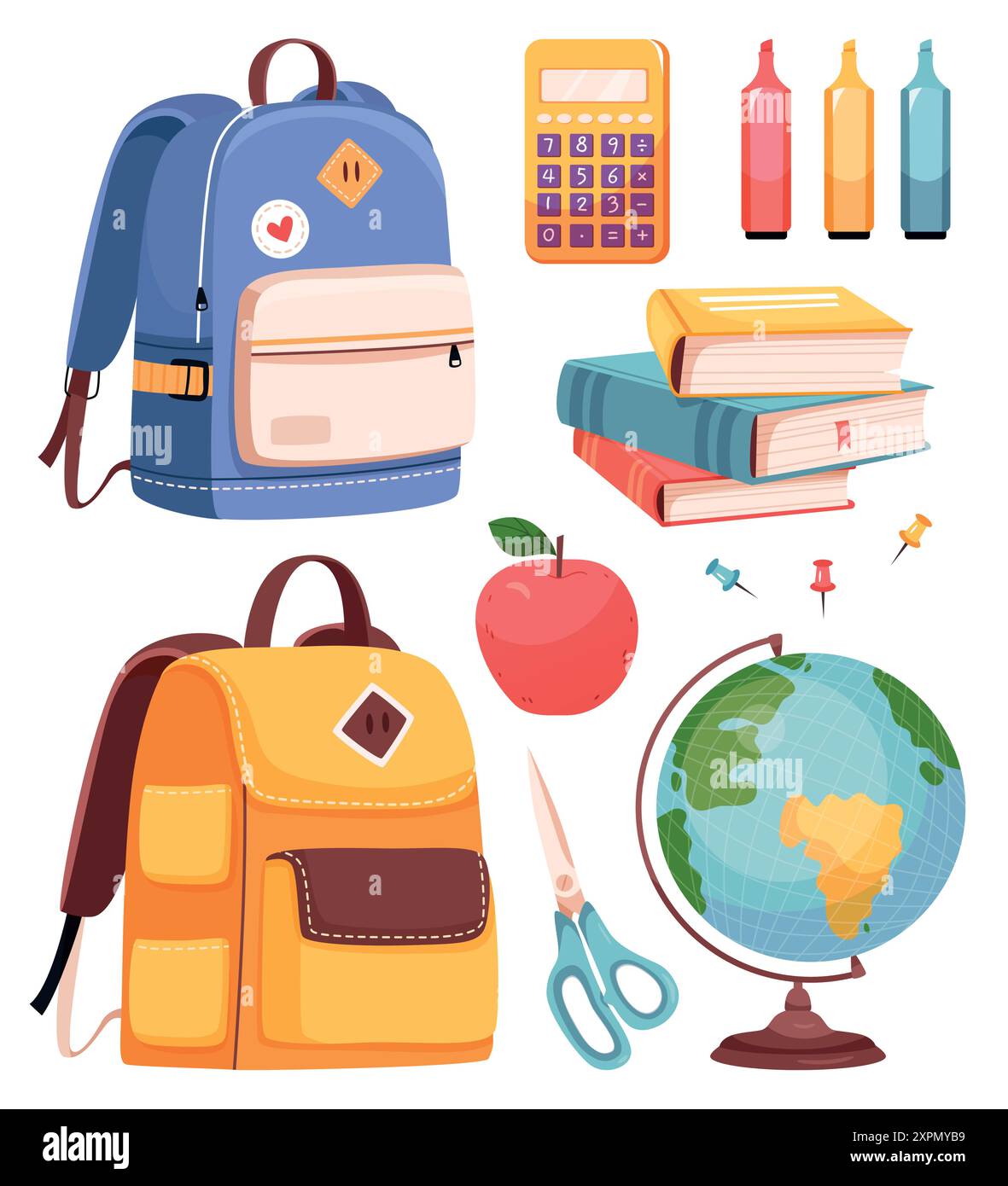 School supplies set. Backpack, book, globe,apple, felt-tip pens ...