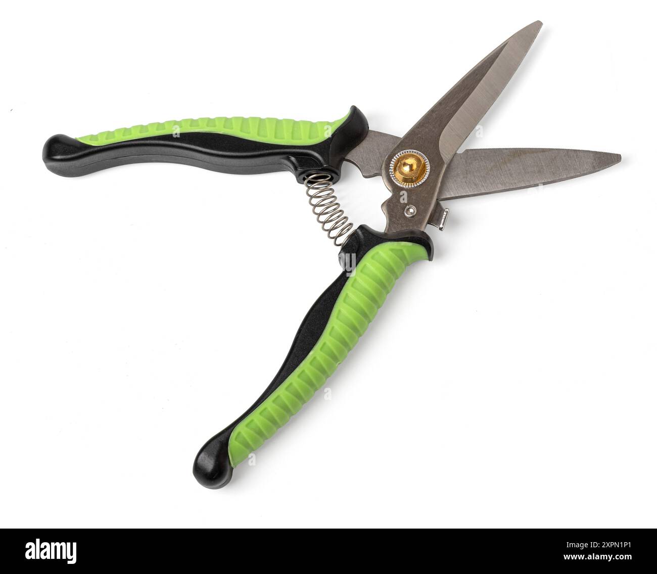 Green garden secateur isolated on a white background. Pruning shears. Top view. Clipping path ...