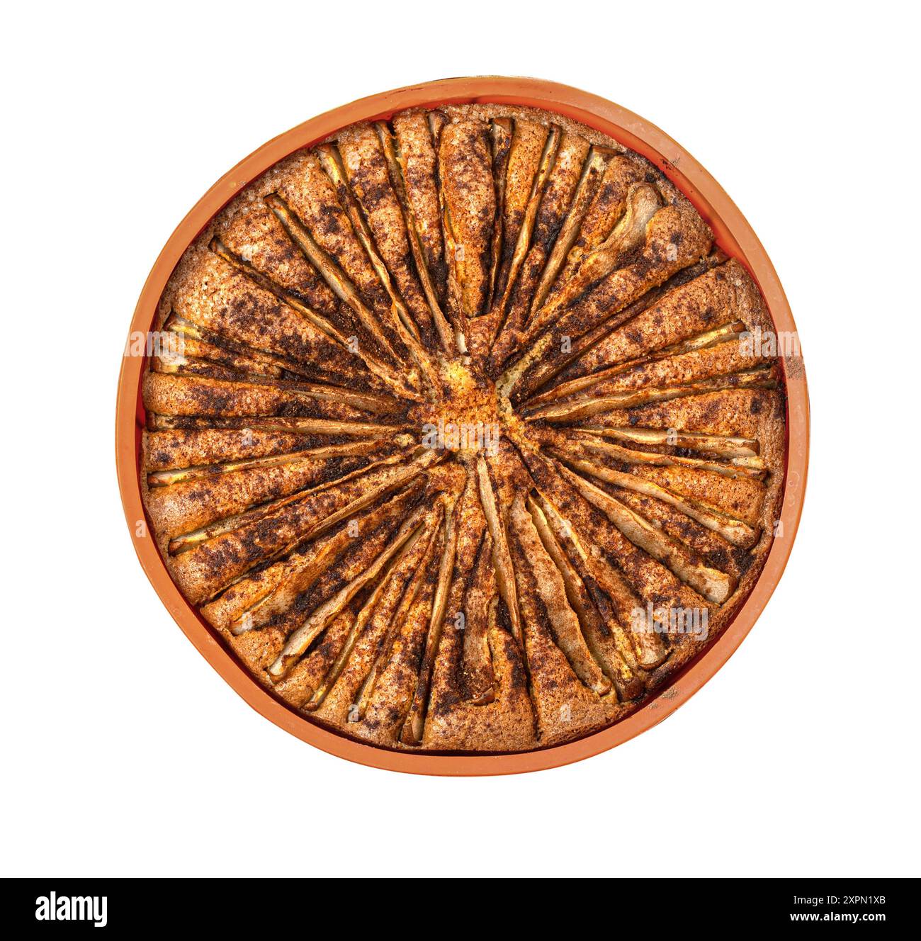 A single apple pie with a golden-brown crust, Top view. With clipping ...