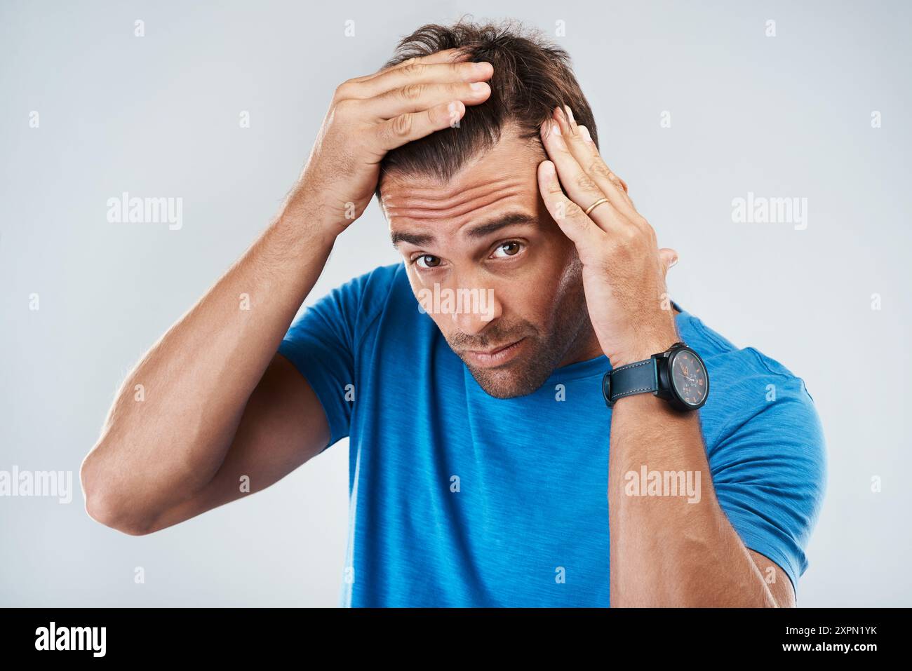 Man, worried portrait and check for hair loss with crisis, hereditary ...
